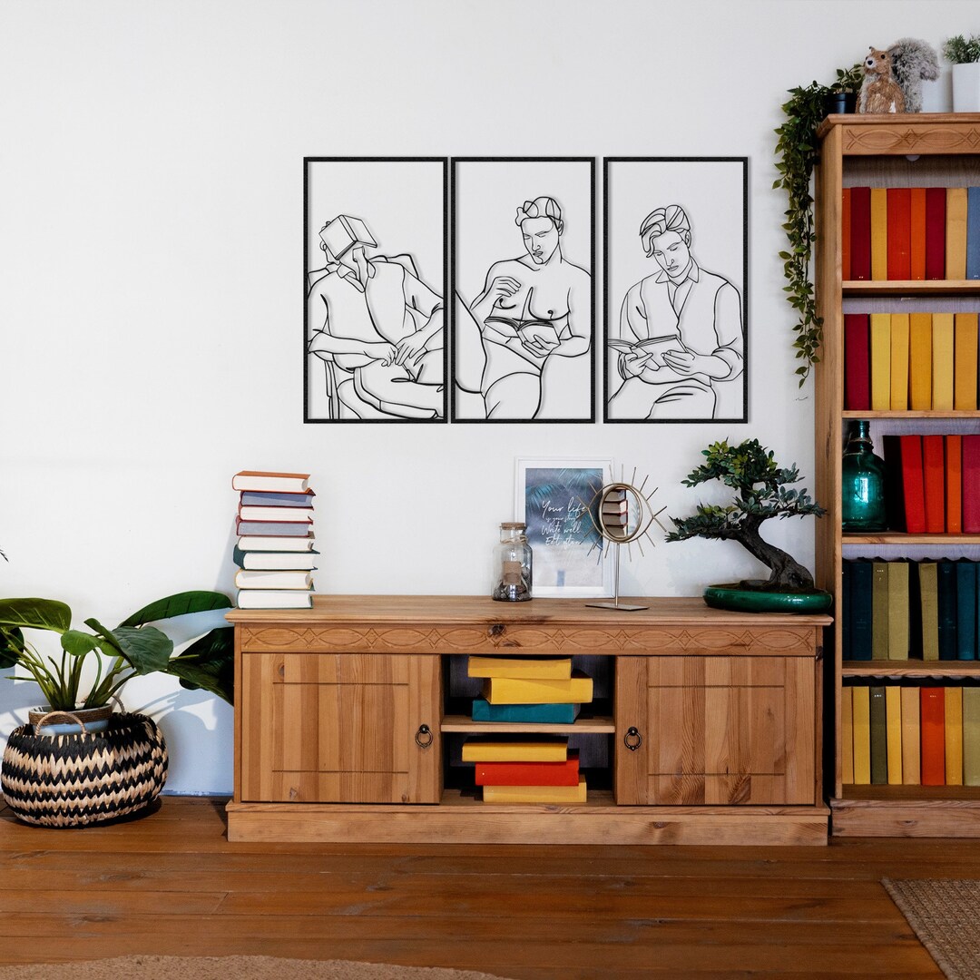 Set of 3 Men Reading Book Metal Wall Decor, Minimalist Line Art ...