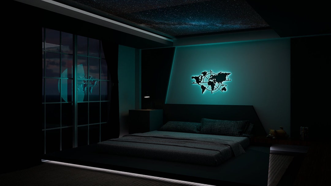 LED World Map Metal Wall Art: Home Office Decor - Etsy