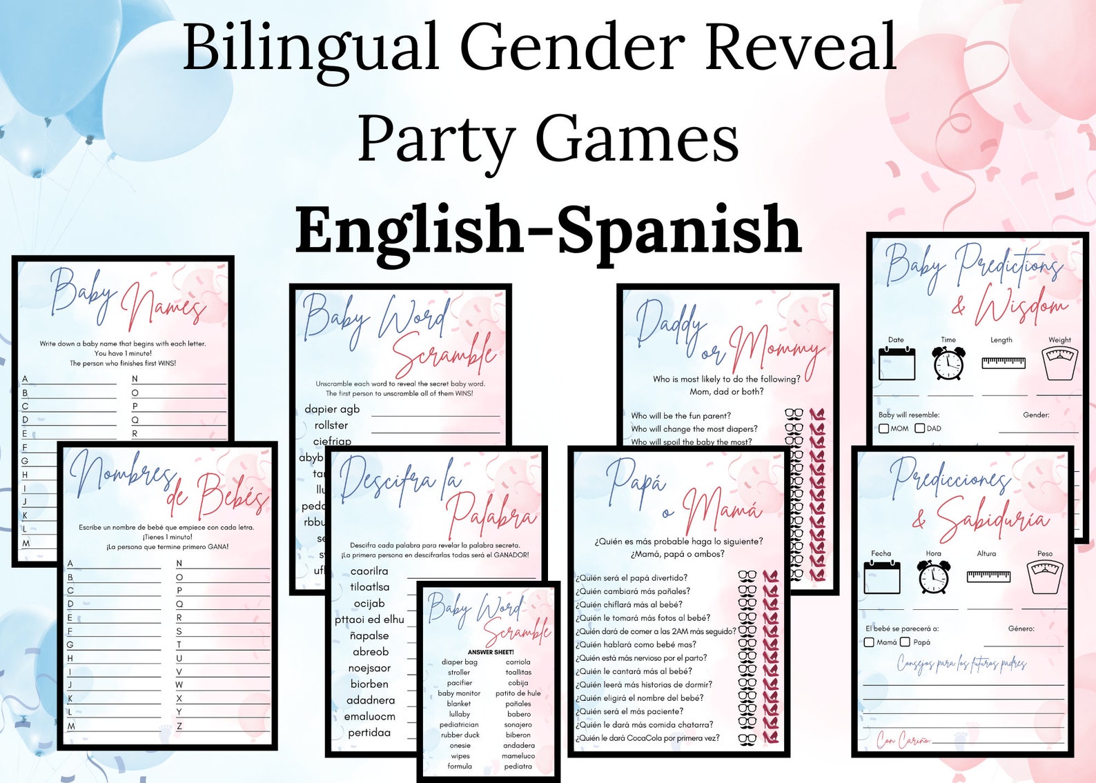 Bilingual Gender Reveal Party Games. English-spanish - Etsy