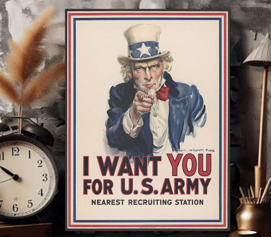 Uncle Sam I Want YOU Poster, WWI US Army Recruitment Print, Vintage ...