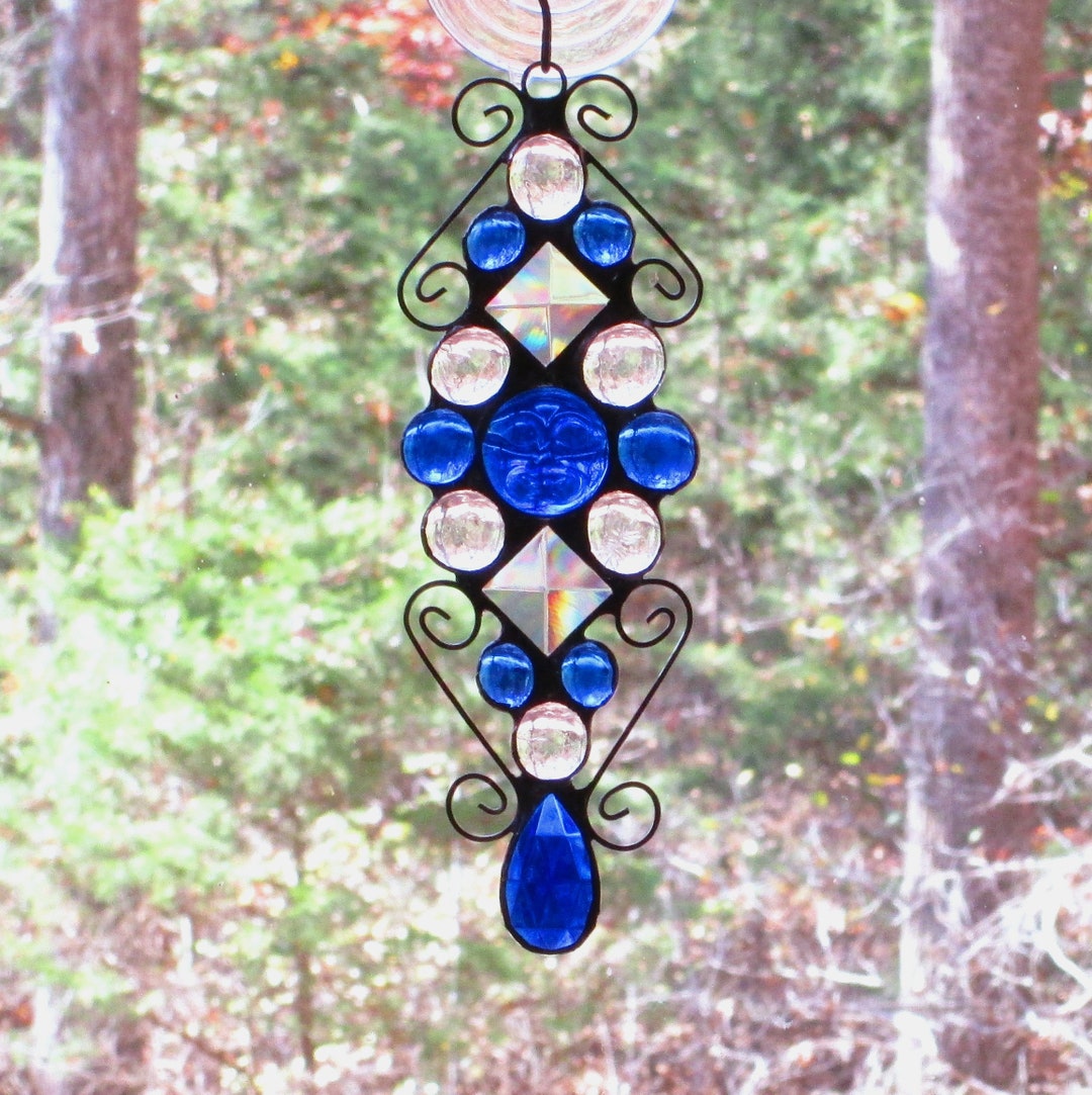 Stained Glass Suncatcher Cobalt Blue Moon Face Jewel, Blue & Clear ...