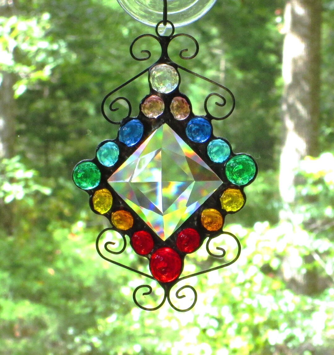 Stained Glass Chakra Suncatcher With 50mm Clear Square Jewel Center ...