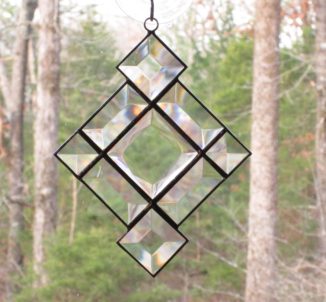 Stained Glass Beveled Suncatcher With Multifaceted 2 X 2 Bevel Center ...