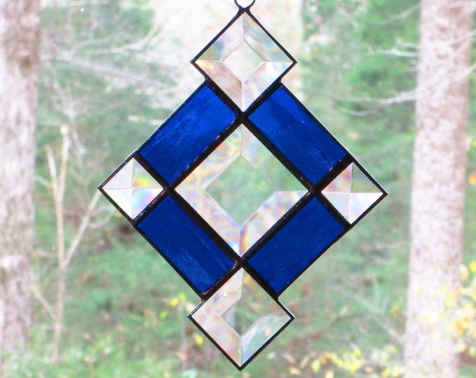 Stained Glass Beveled Suncatcher With Cobalt Blue Waterglass Border - Etsy