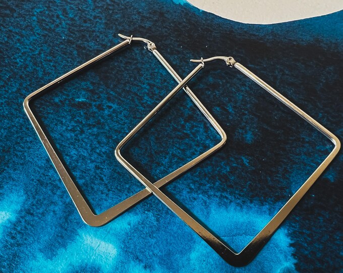 Large Square Silver Hoop Earrings | Rectangular Hooped Earrings | 2 ...