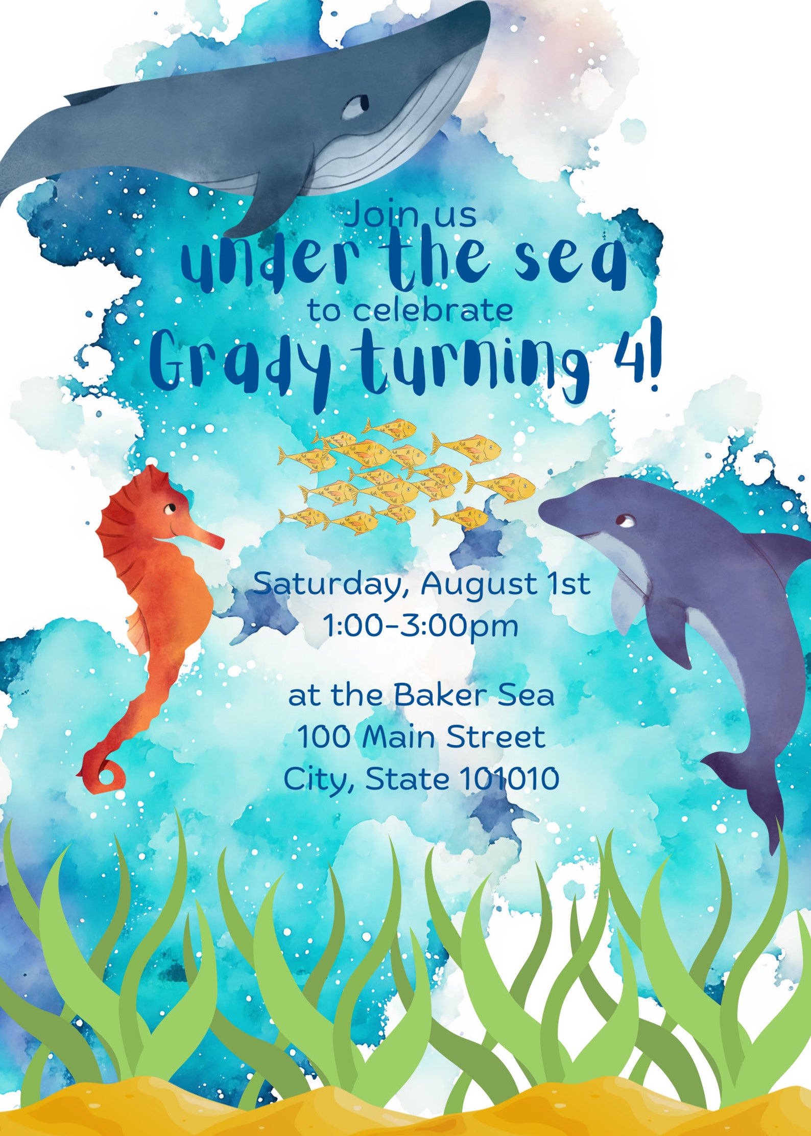 Ocean Birthday Party Invitation, Under the Sea, Water Colors - Etsy
