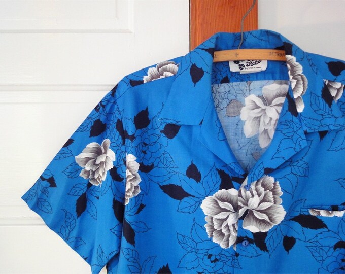 Vintage Hilo Hattie Hawaiian Shirt Made In Hawaii Royal Blue White