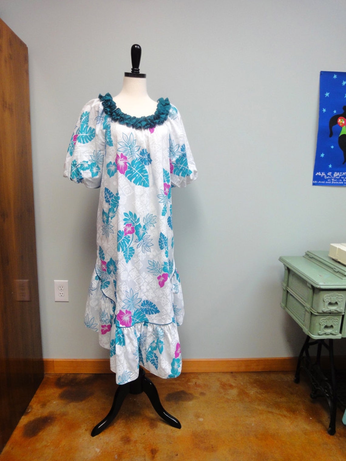 Vintage Hilo Hattie Hawaiian Dress Teal Turquoise White Muu Etsy