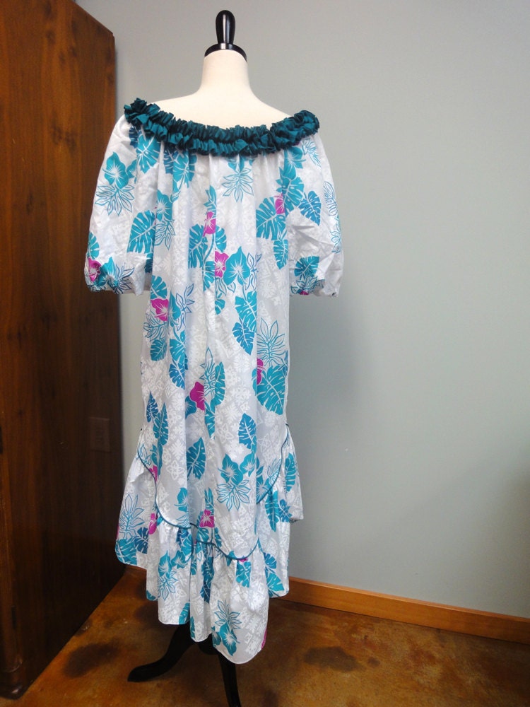 Vintage Hilo Hattie Hawaiian Dress Teal Turquoise White Muu Etsy