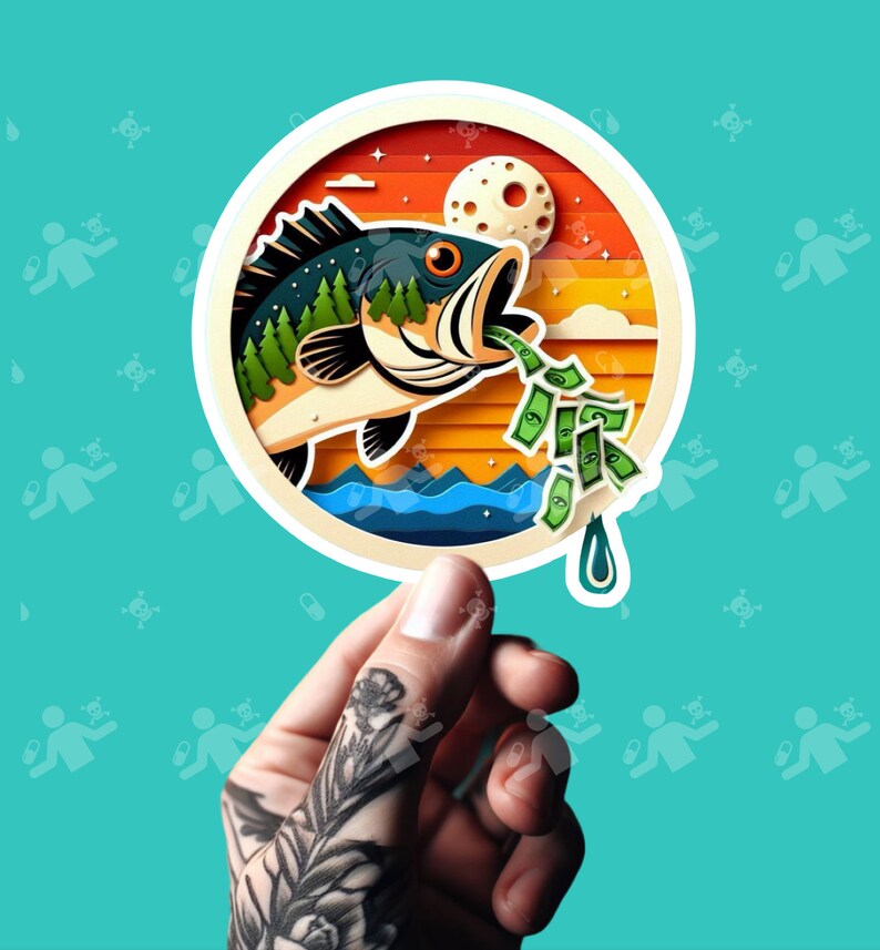 Funny Fishing Sticker Bass and Trout Puking Dollar Bills Hilarious Die ...