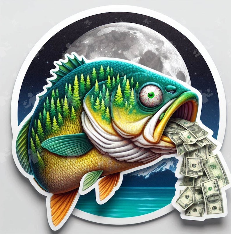 Funny Fishing Sticker Bass and Trout Puking Dollar Bills Hilarious Die ...