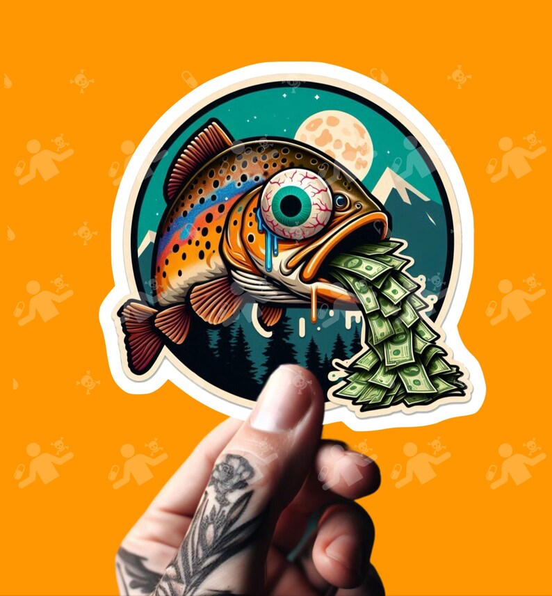 Funny Fishing Sticker Bass and Trout Puking Dollar Bills Hilarious Die ...