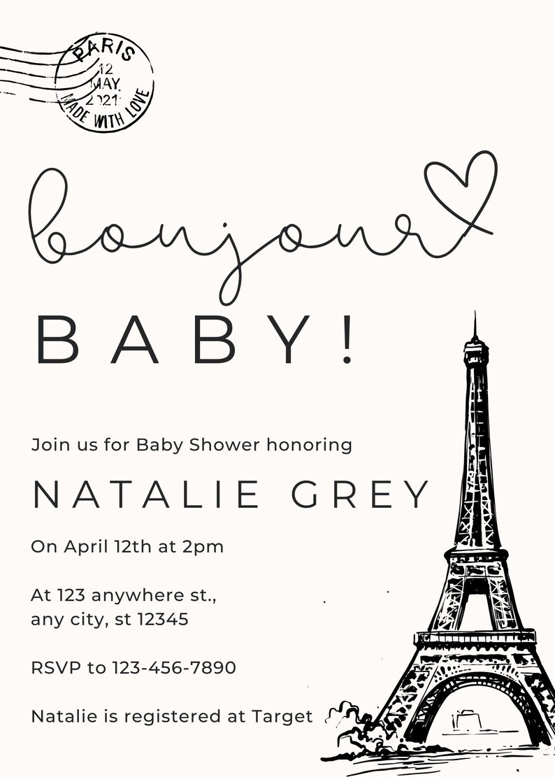 Bonjour Baby Shower Invitation, French Baby Shower Invite, Editable - Etsy