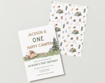 One Happy Camper First Birthday Party Milestone Photos Modern Invitation Design Editable Digital ...