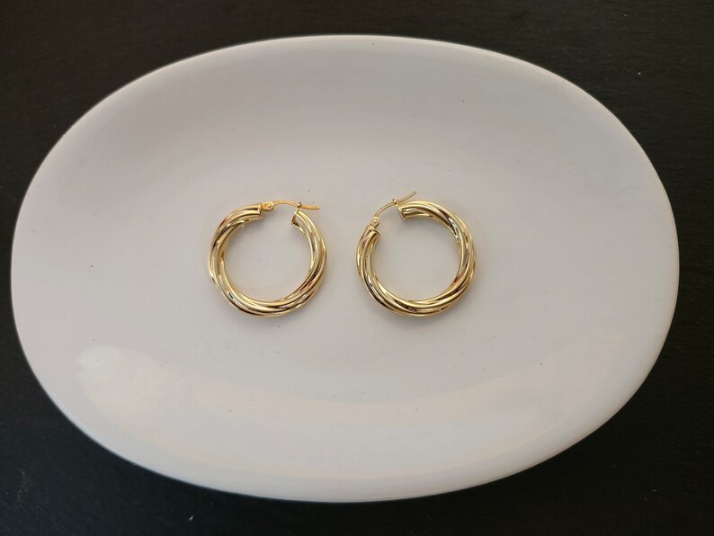 18k Solid Gold Chunky Linear Twist Hoop Earrings, Thick Hoop Earrings ...