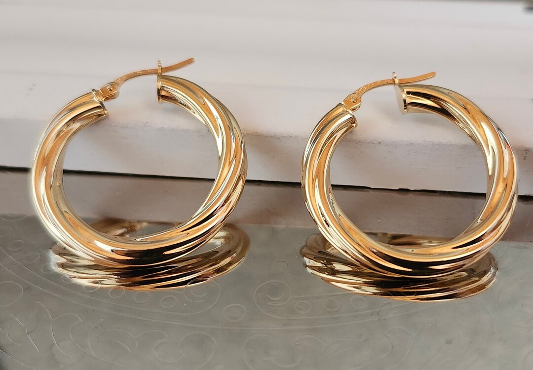 18k Solid Gold Chunky Linear Twist Hoop Earrings, Thick Hoop Earrings ...