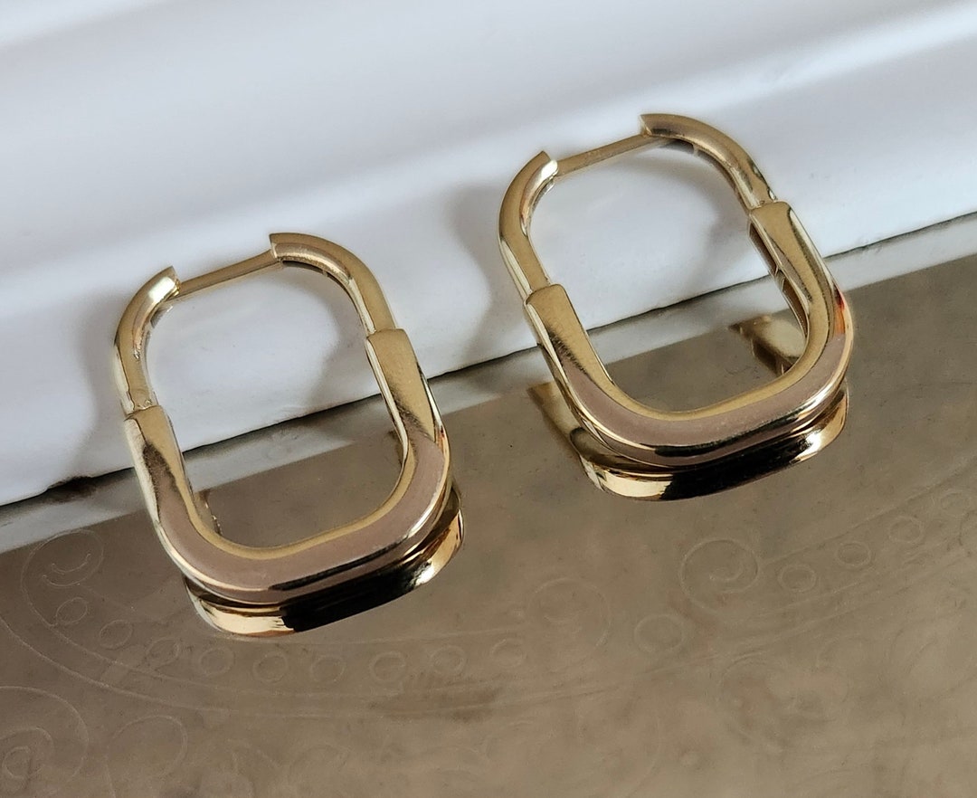 18k Solid Gold Rectangular Huggie Hoop Earrings, Classic Hoop Earrings, Elegant Earrings, Square ...