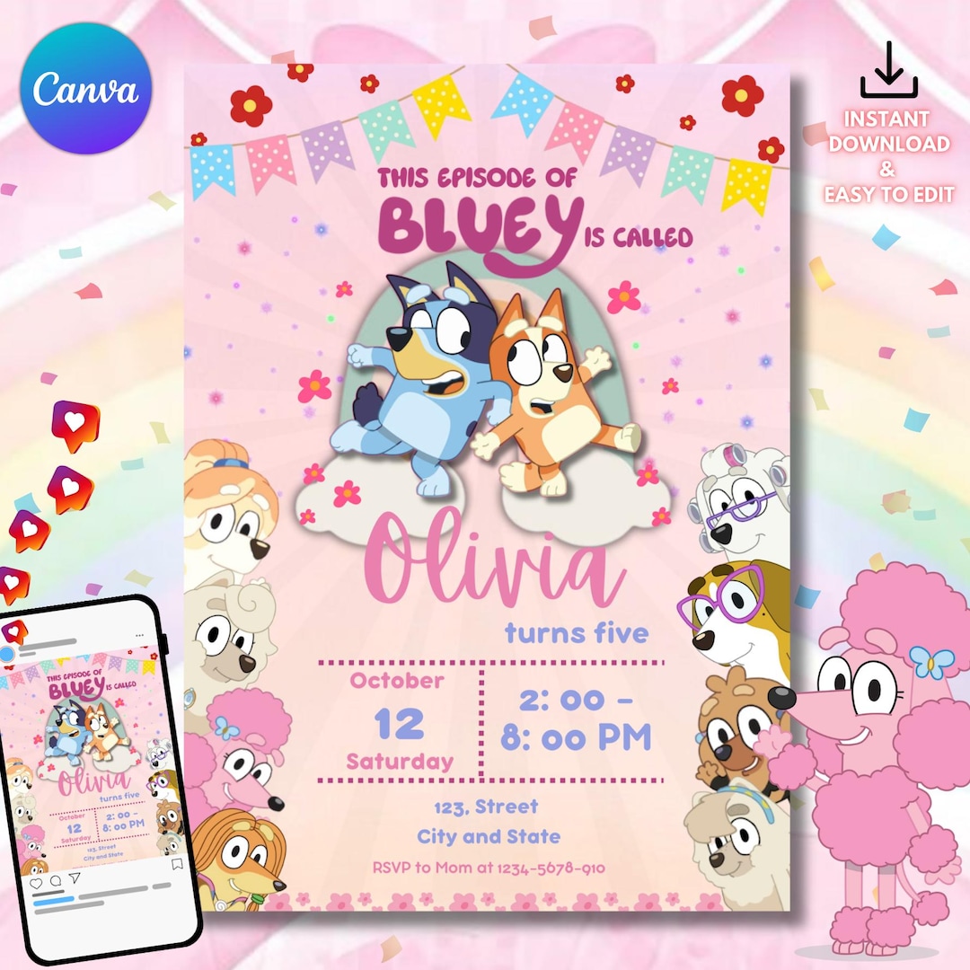 Bluey Girl Birthday Invitation, Editable Invitation, Printable Party ...
