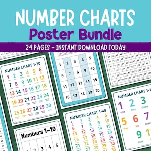 Number Charts Printable Poster Bundle Preschool Kindergarten 1st 2nd ...