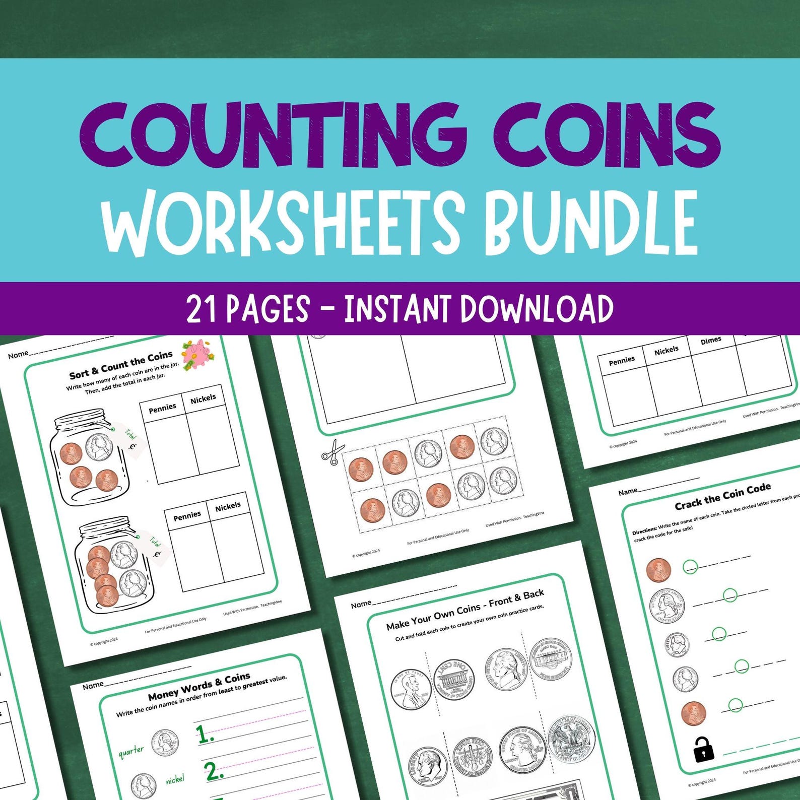 1st-2nd Grade Counting Coins Activities | Print & Go Worksheets - Etsy