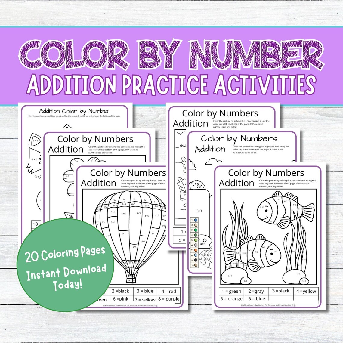 Addition Color by Number Printable Math Activities Kindergarten 1st 2nd ...