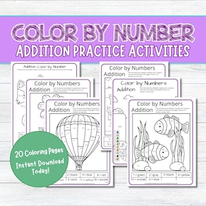 Addition Color by Number Printable Math Activities Kindergarten 1st 2nd ...