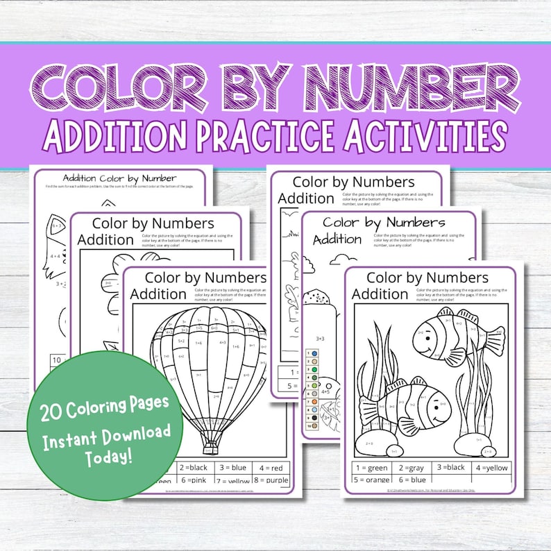 Addition Color by Number Printable Math Activities Kindergarten 1st 2nd ...
