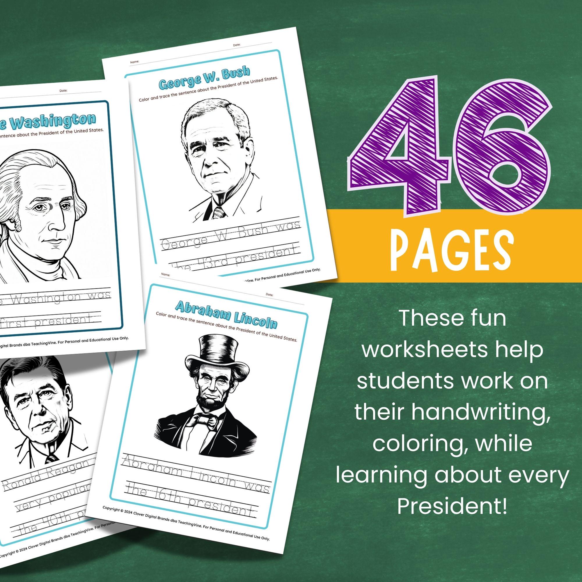US Presidents Coloring Activity Printable Worksheets Handwriting ...