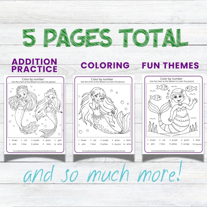 Mermaid Color by Number Printable Math Activities Kindergarten 1st 2nd ...