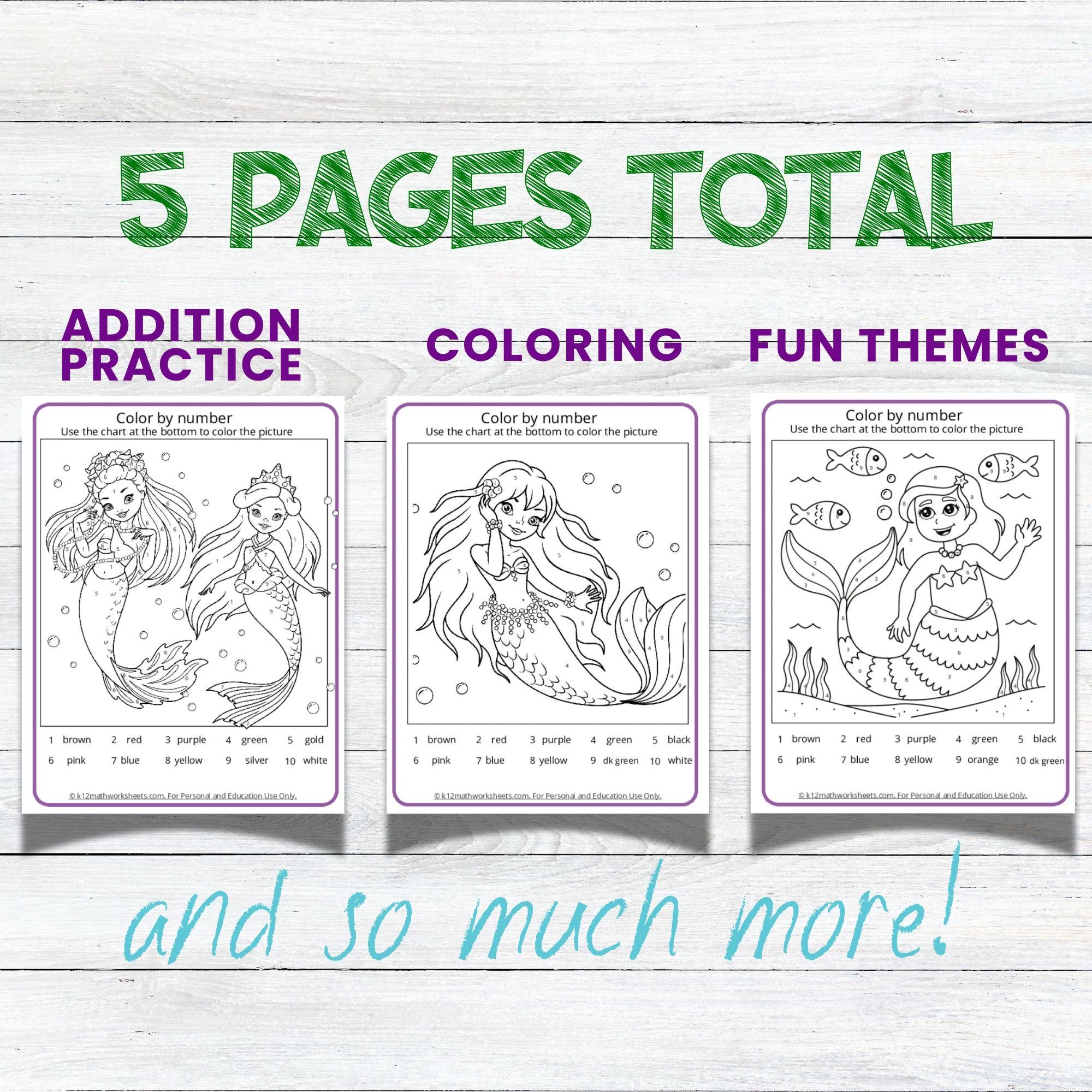 Mermaid Color by Number Printable Math Activities Kindergarten 1st 2nd ...