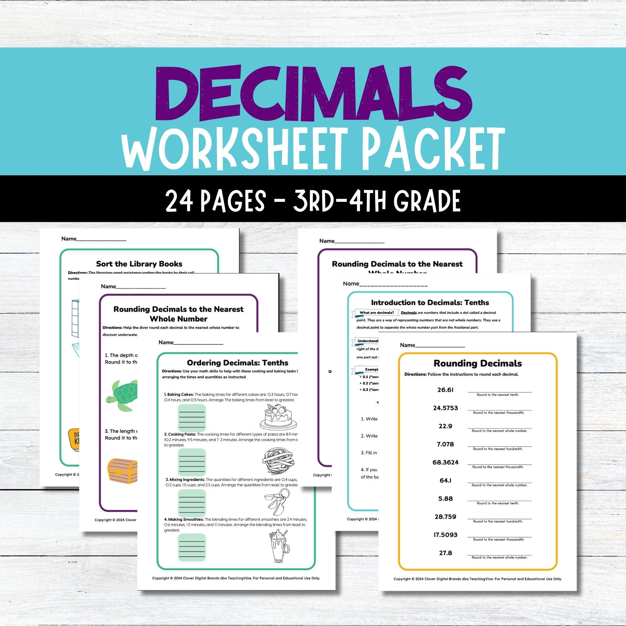 Decimals Practice Worksheet Bundle for 3rd 4th Grade Students Math ...