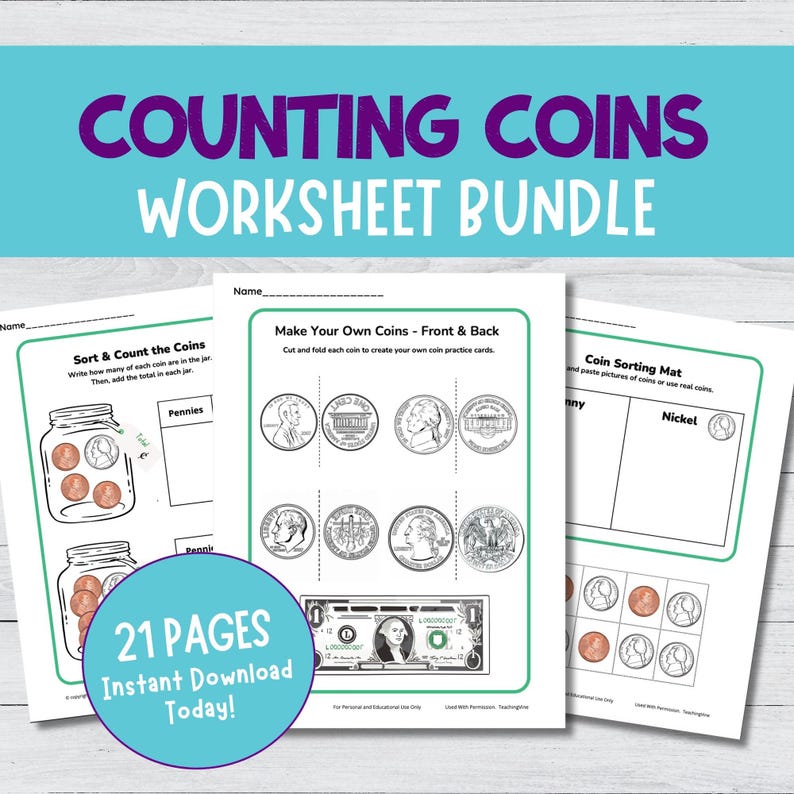 1st-2nd Grade Counting Coins Activities | Print & Go Worksheets - Etsy