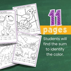 Dinosaur Color by Number Printable Math Activities for Kindergarten 1st ...
