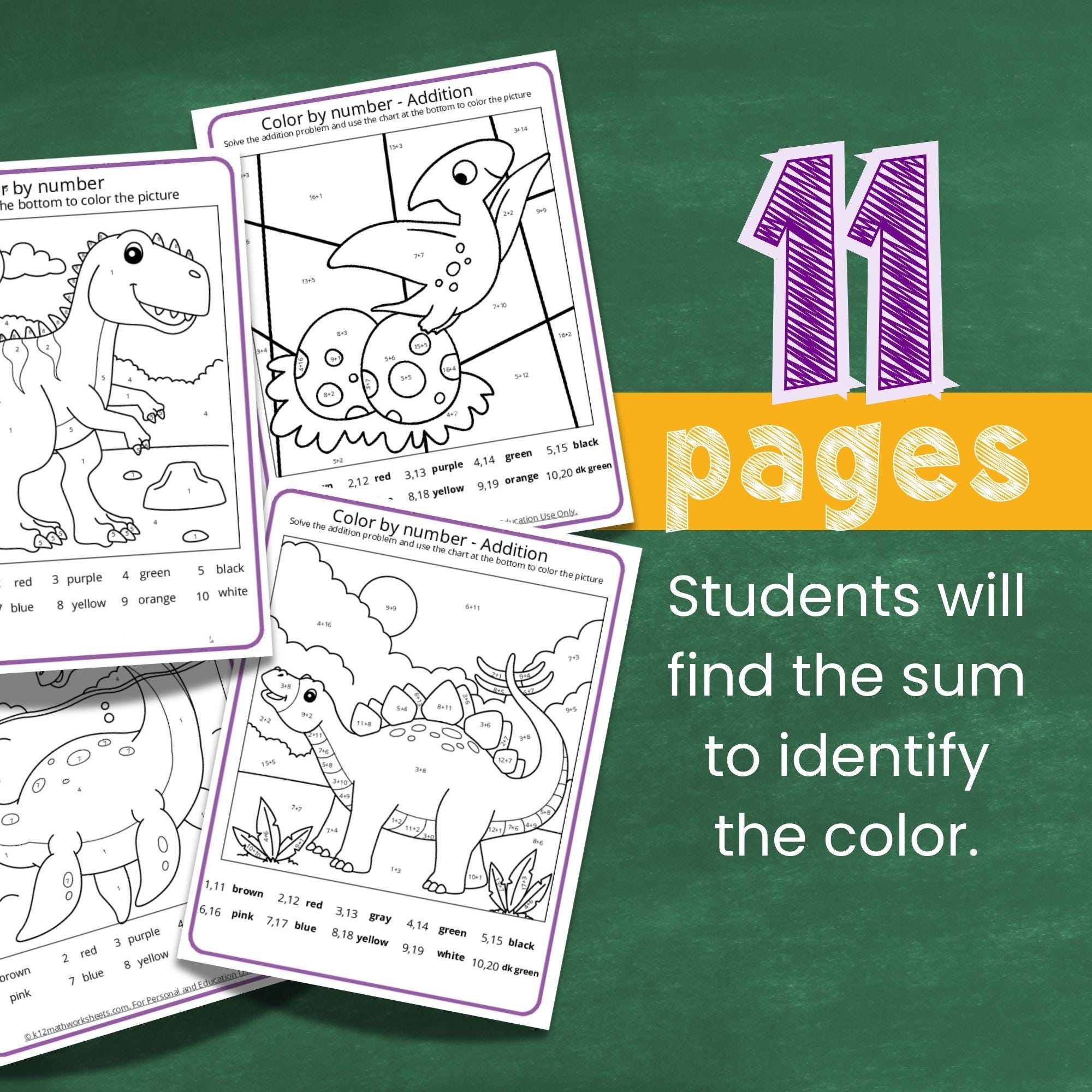 Dinosaur Color by Number Printable Math Activities for Kindergarten 1st ...