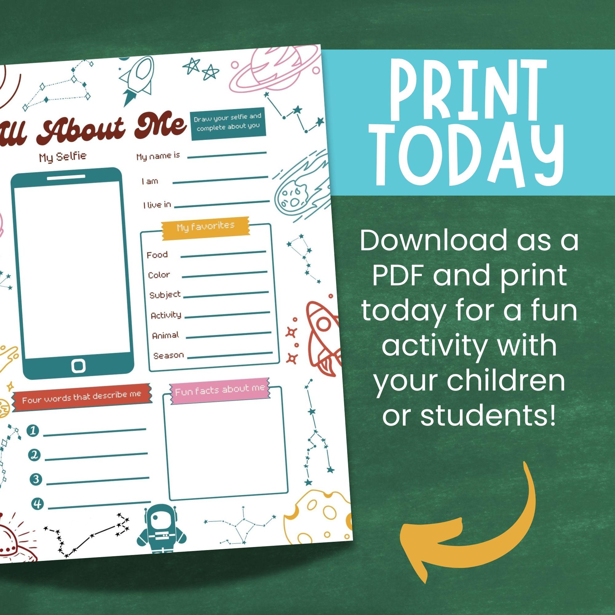 Outer Space Theme All About Me Printable Activity Teacher First Day of ...