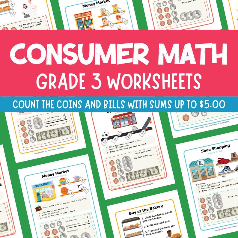3rd Grade Money Math, 22 Printable Worksheets, Homeschooling Worksheet ...