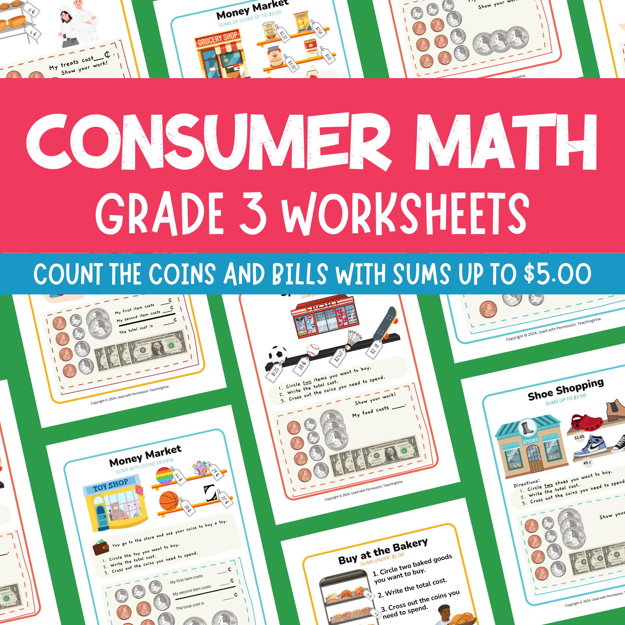 3rd Grade Money Math, 22 Printable Worksheets, Homeschooling Worksheet ...