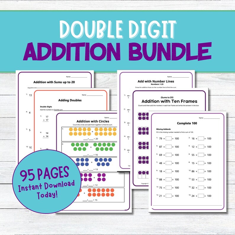 Double Digit Addition Math Worksheet Bundle Second Third Grade Math ...
