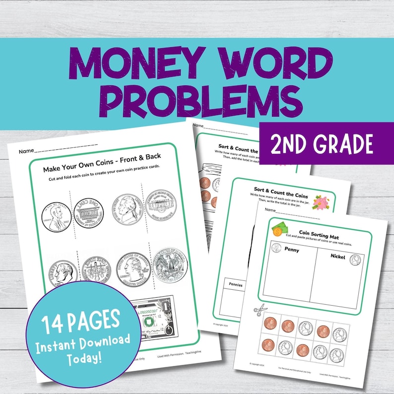 2nd Grade Money Word Problems | Counting Coins Activities - Etsy