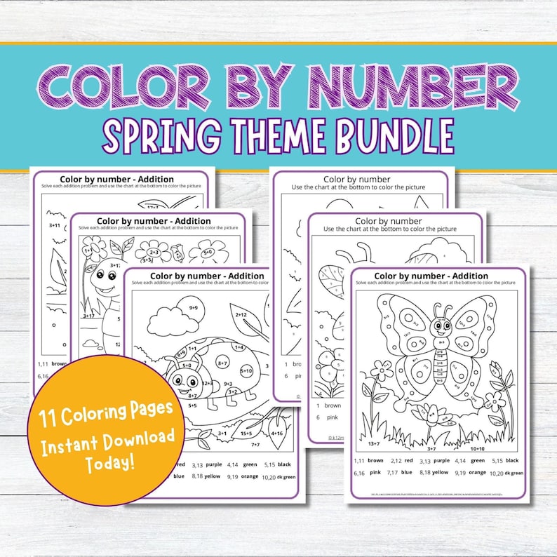 Spring Theme Color by Number Printable Math Activities Kindergarten 1st ...