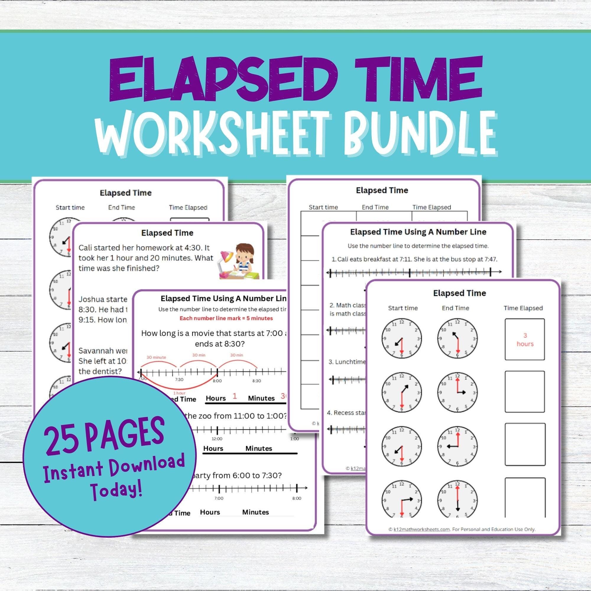 Elapsed Telling Time Worksheet Bundle 3rd 4th 5th Grade Learn to Tell ...