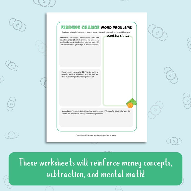 Finding Change Math Activity for 3rd Grade, Counting Money Activity ...