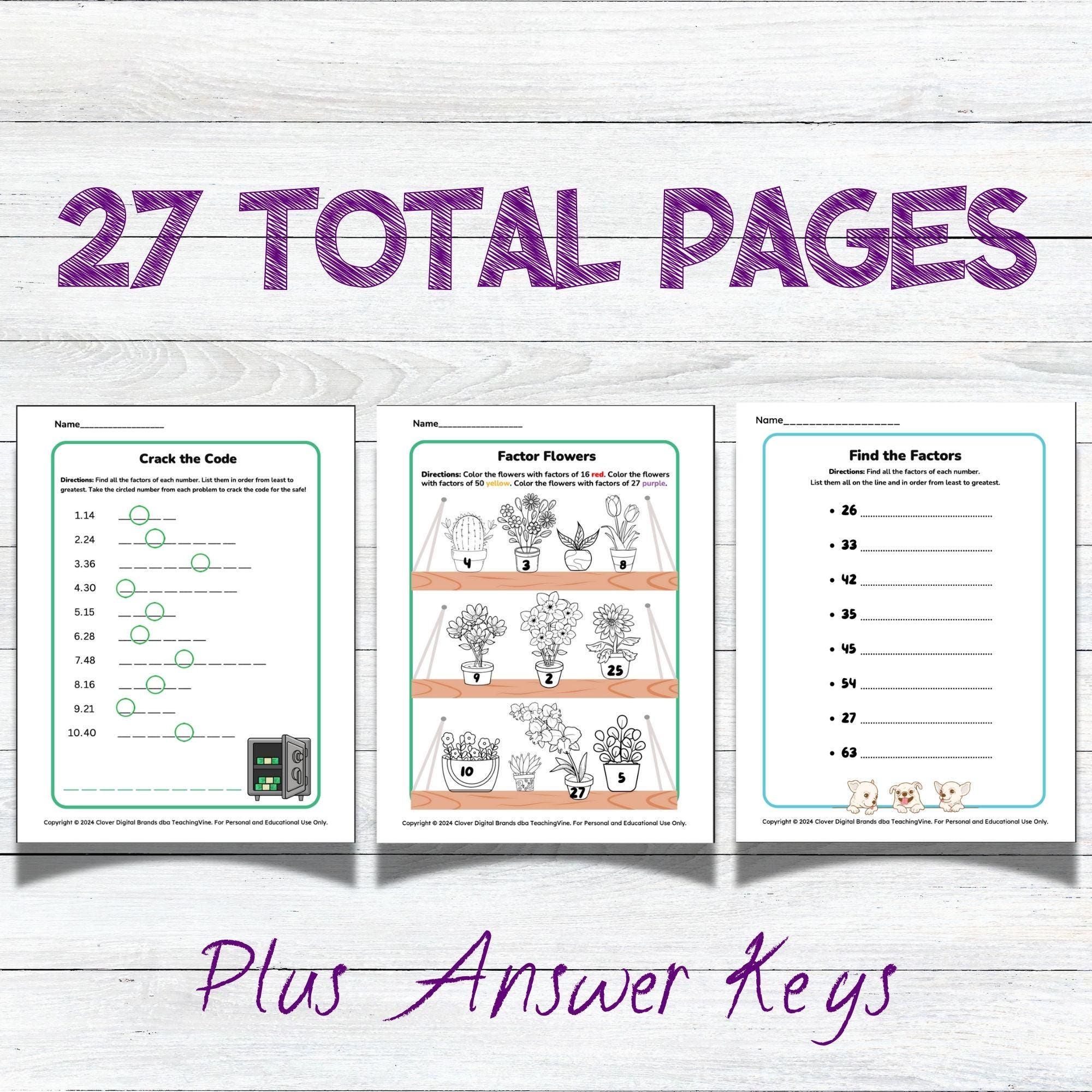 Math Factors and Multiples Worksheet Bundle for 3rd 4th Grade Students ...