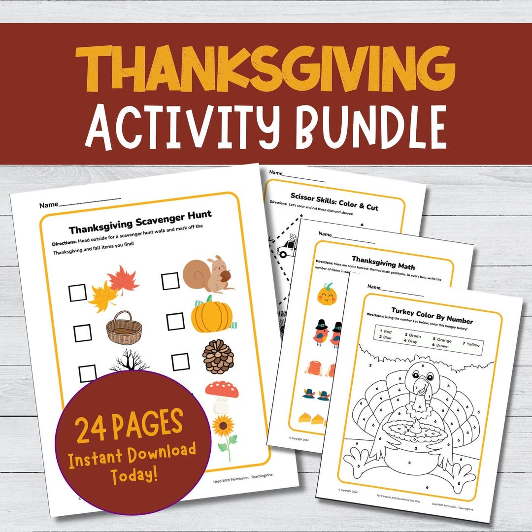 Thanksgiving Printable Worksheet Activity Bundle for Kids Printable Fun ...