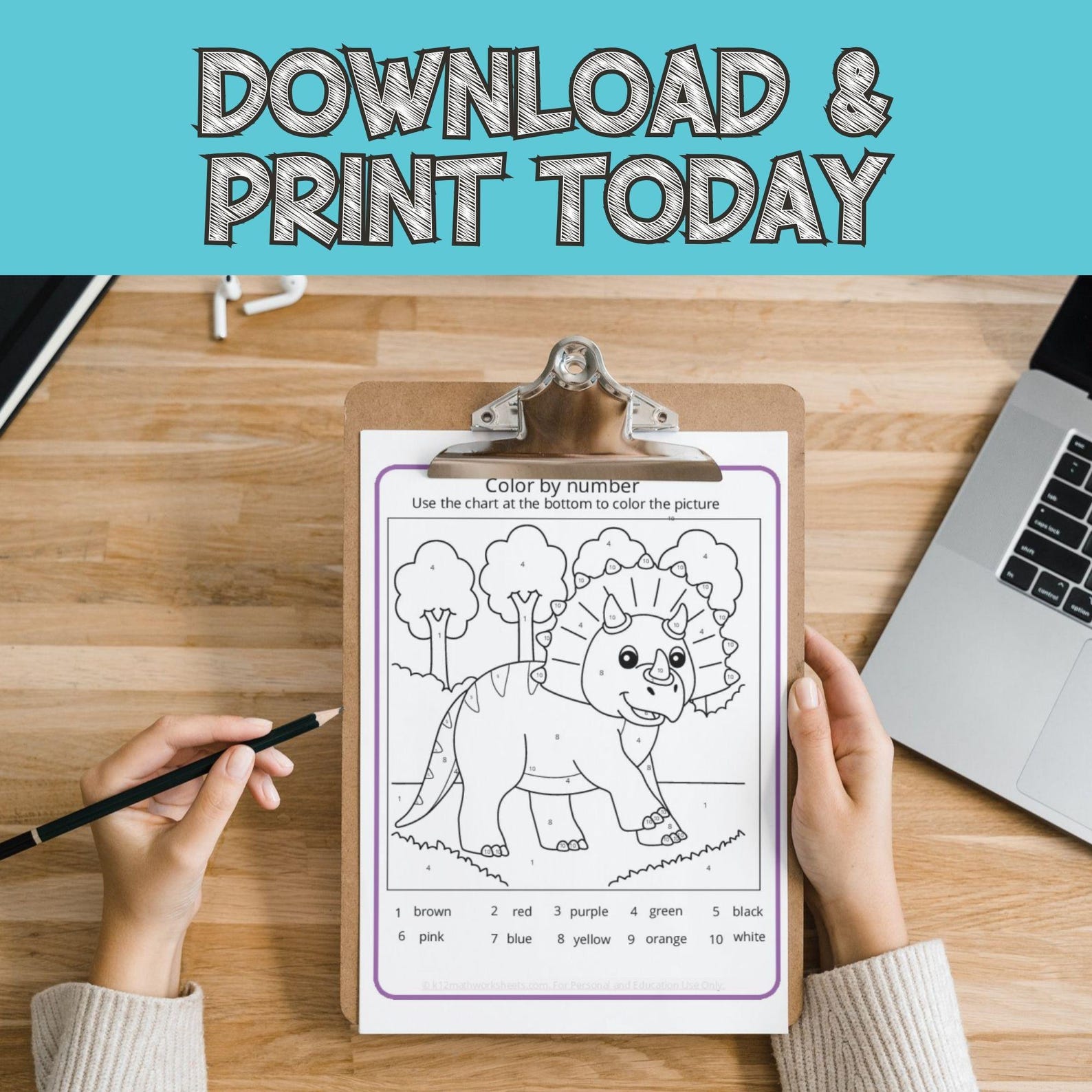 Dinosaur Color by Number Printable Math Activities for Kindergarten 1st ...