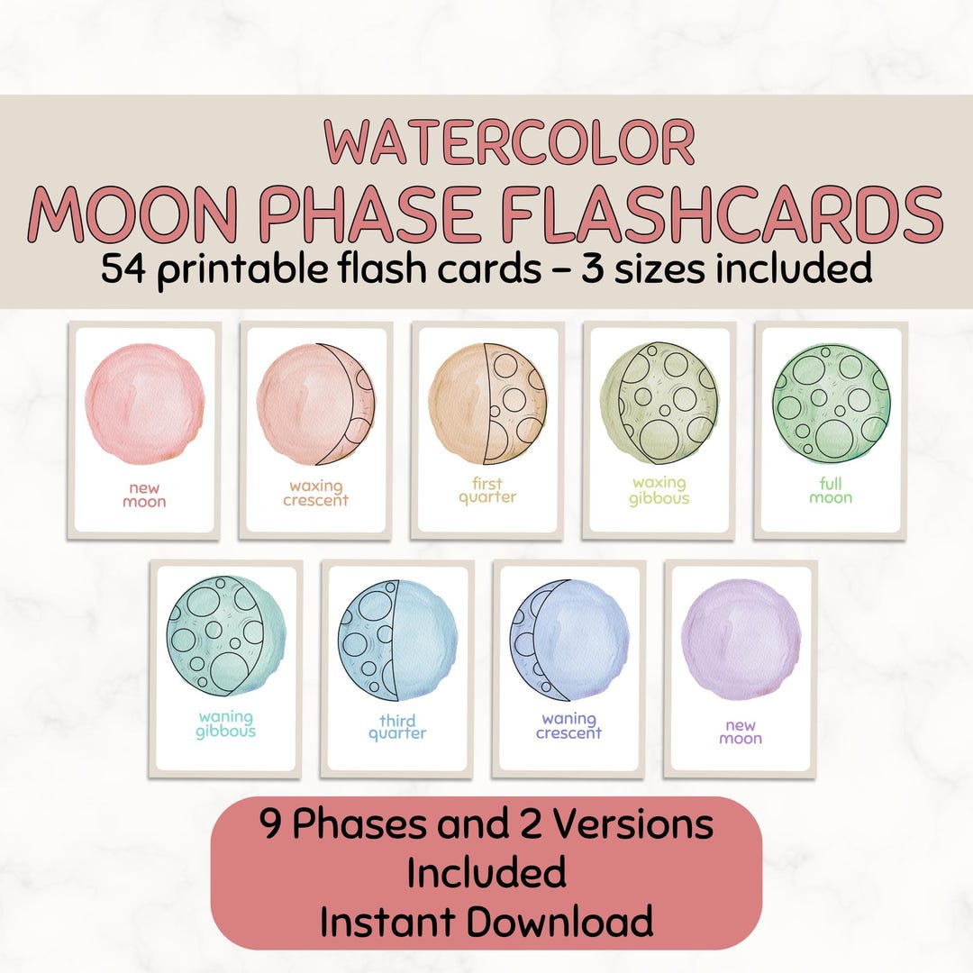 Moon Phase Flashcards for Kids | Watercolor Space Learning Cards - Etsy
