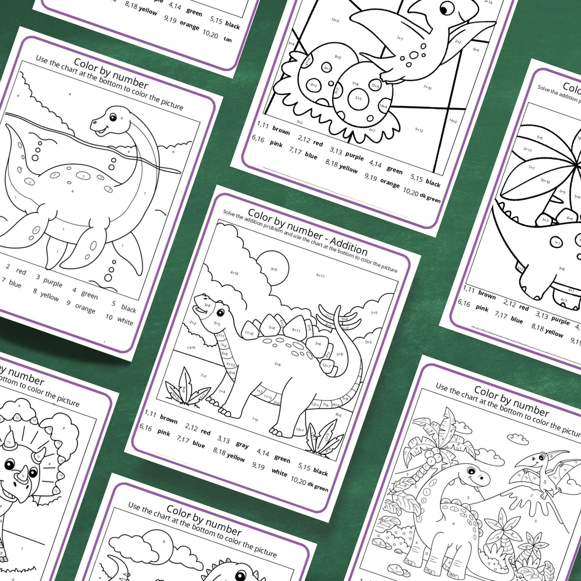 Dinosaur Color by Number Printable Math Activities for Kindergarten 1st ...
