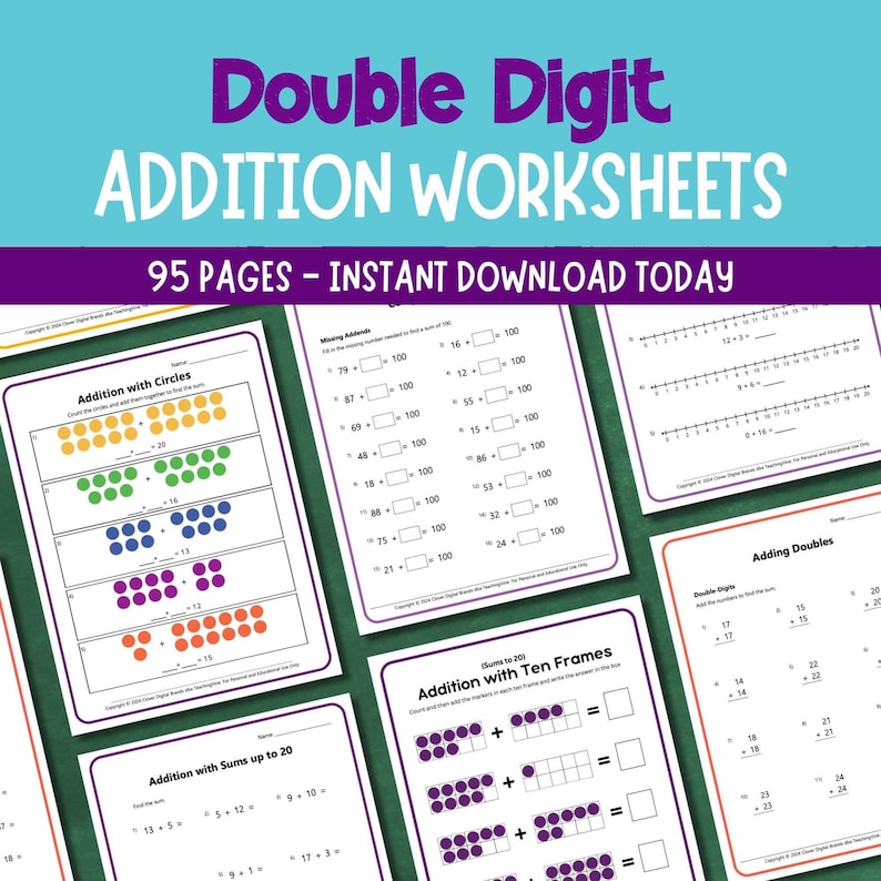 Double Digit Addition Math Worksheet Bundle Second Third Grade Math ...