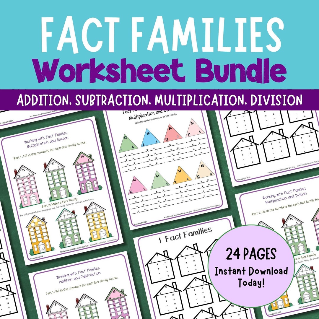 Math Fact Families Activity Worksheet Bundle for 1st 2nd 3rd Grades ...