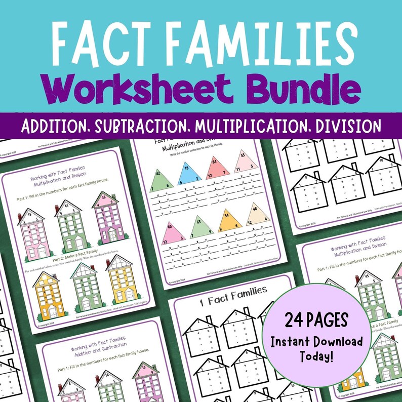 Math Fact Families Activity Worksheet Bundle for 1st 2nd 3rd Grades ...